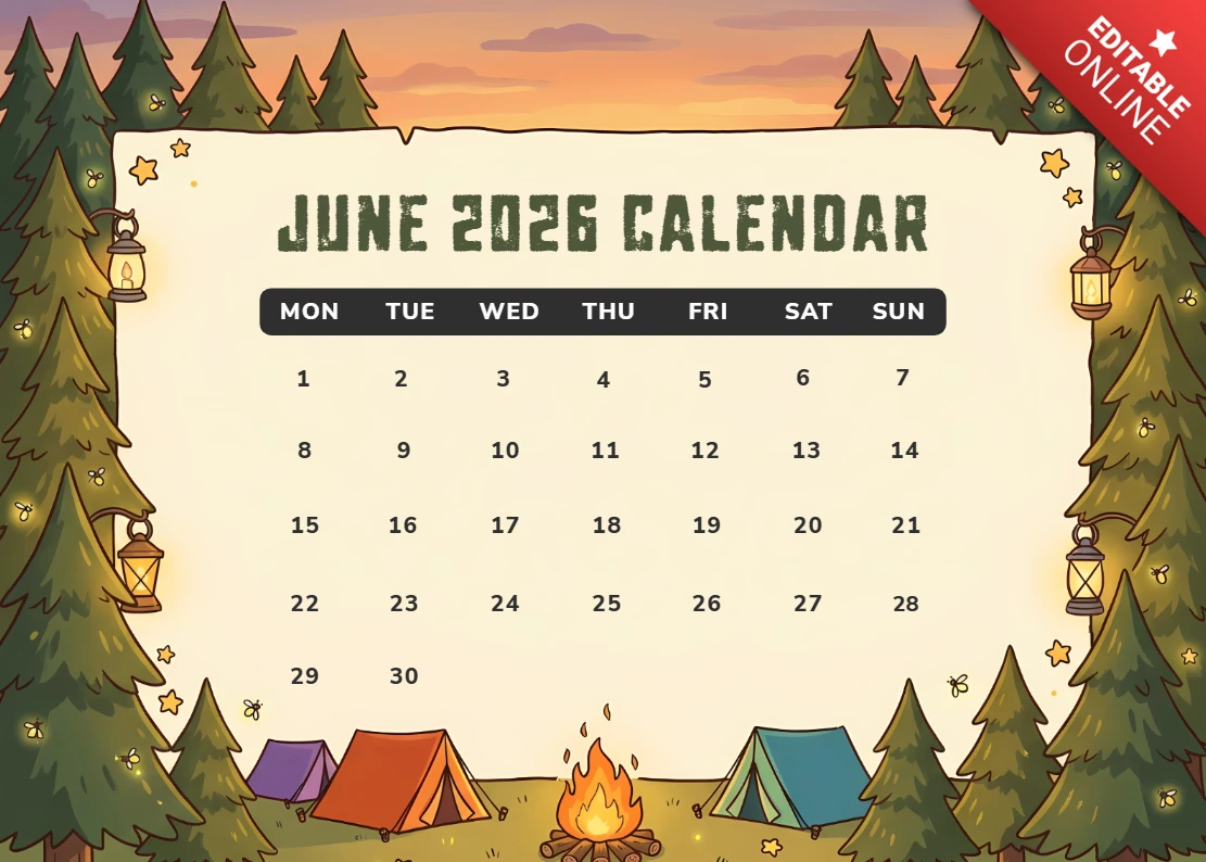 June 2026 Monthly Calendar with Camping Adventure and Forest Landscape ...